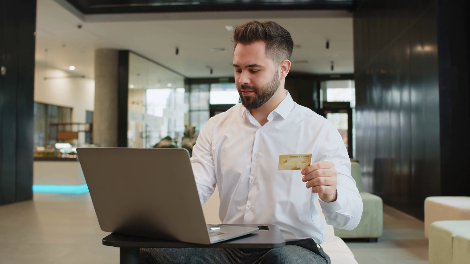 Smiling Businessman Using Credit Card Laptop Stock Footage SBV ...