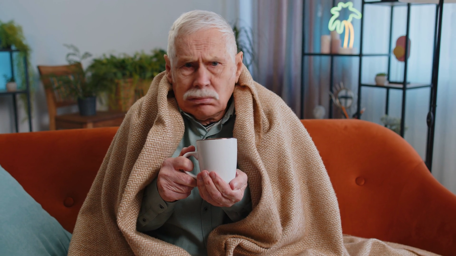 Sick Senior Man Wrapped In Plaid Shivering Stock Footage SBV-352261450 ...