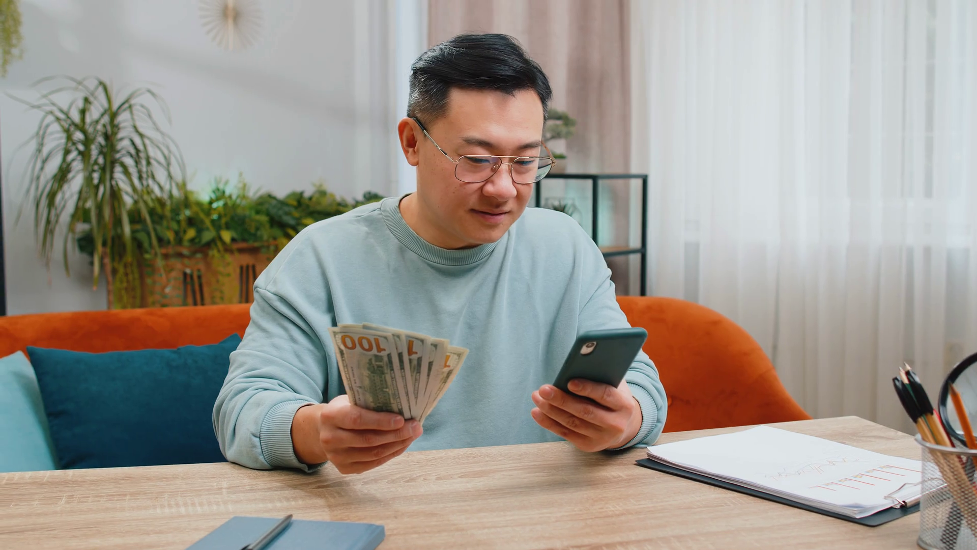 Rich Happy Asian Man Counting Money Cash On Stock Footage SBV-352226381 ...