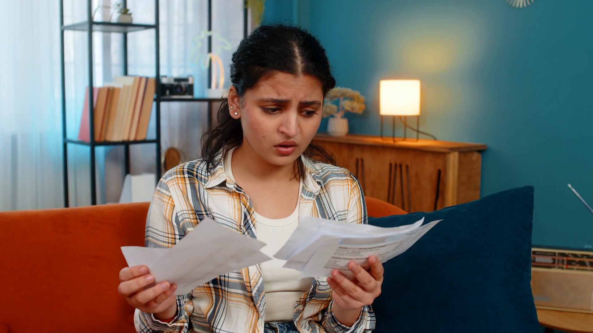 Indian Woman Reading Bills Receipts Confused Stock Footage SBV ...