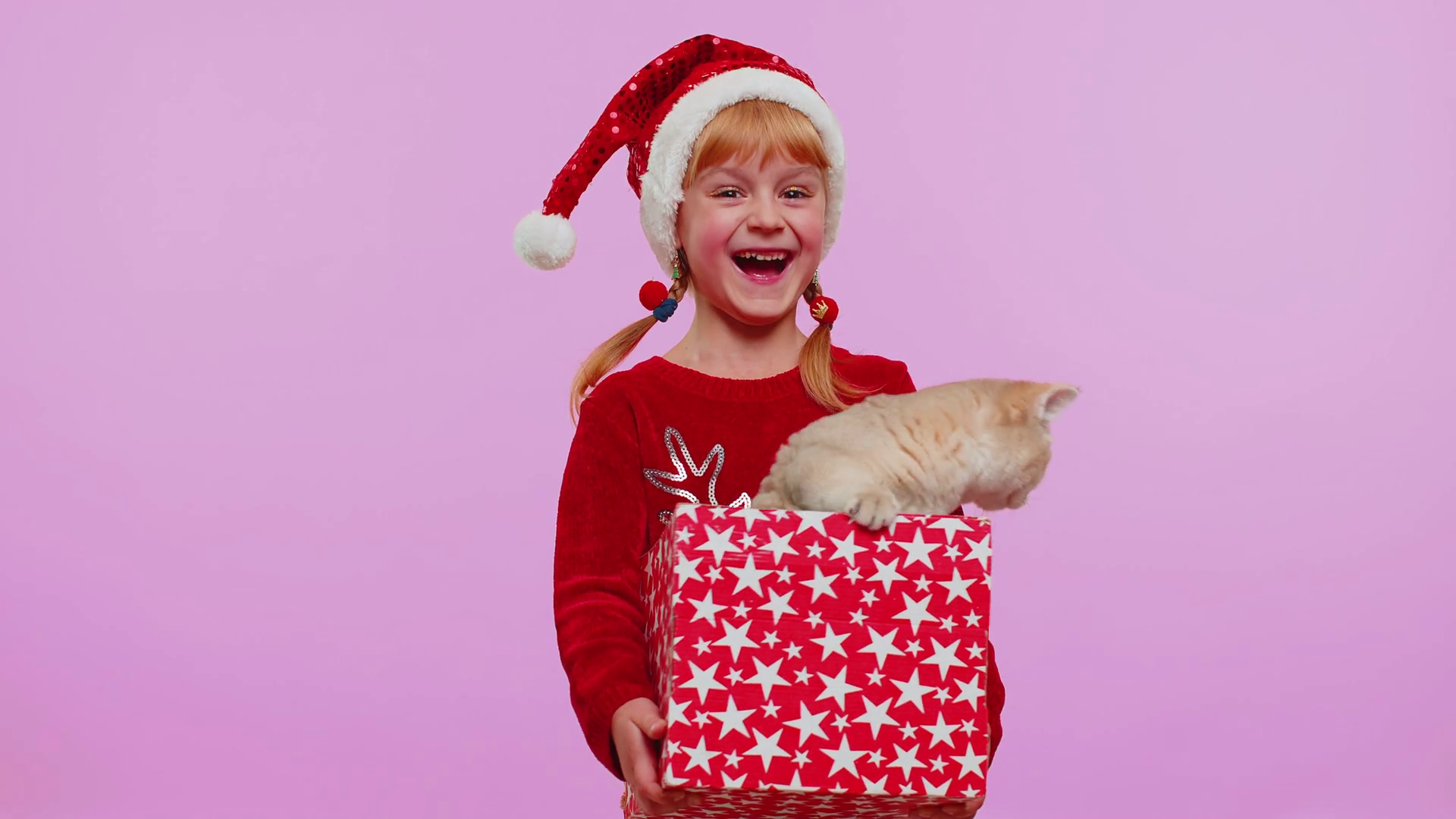 Girl In Christmas Red Sweater Hat Smiling Stock Footage SBV-352928886 ...
