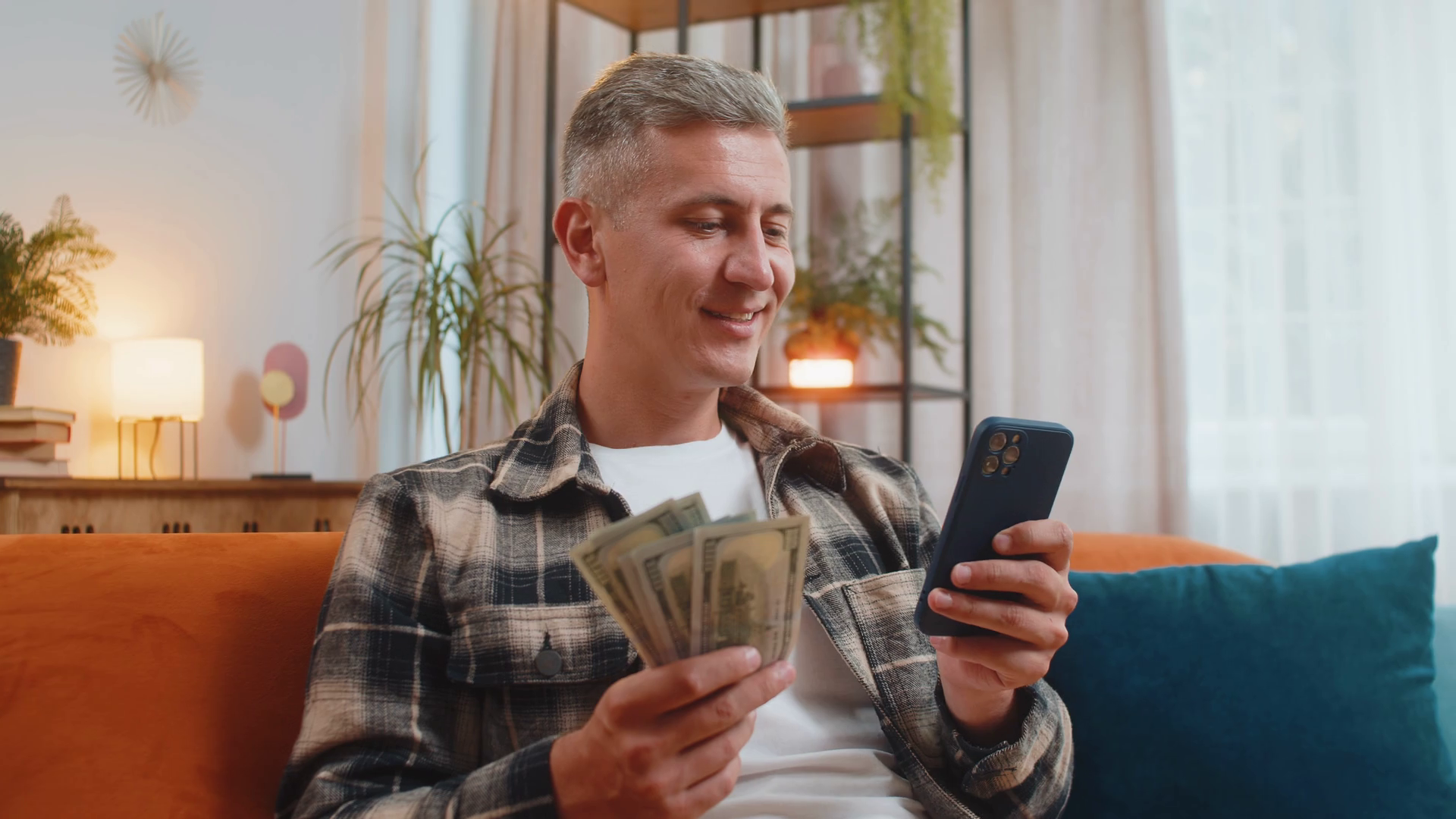 Smiling Happy Caucasian Man Counting Money Stock Footage SBV-352041067 ...