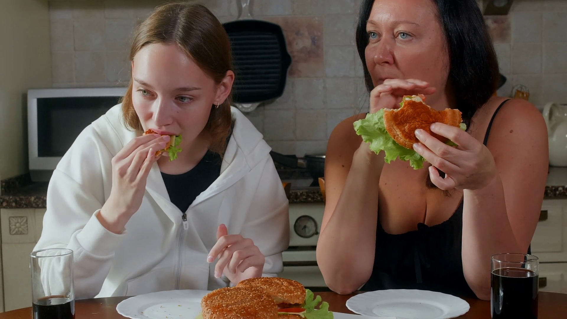 Mother Daughter Eating Burgers Woman Stock Footage SBV-351698215 ...