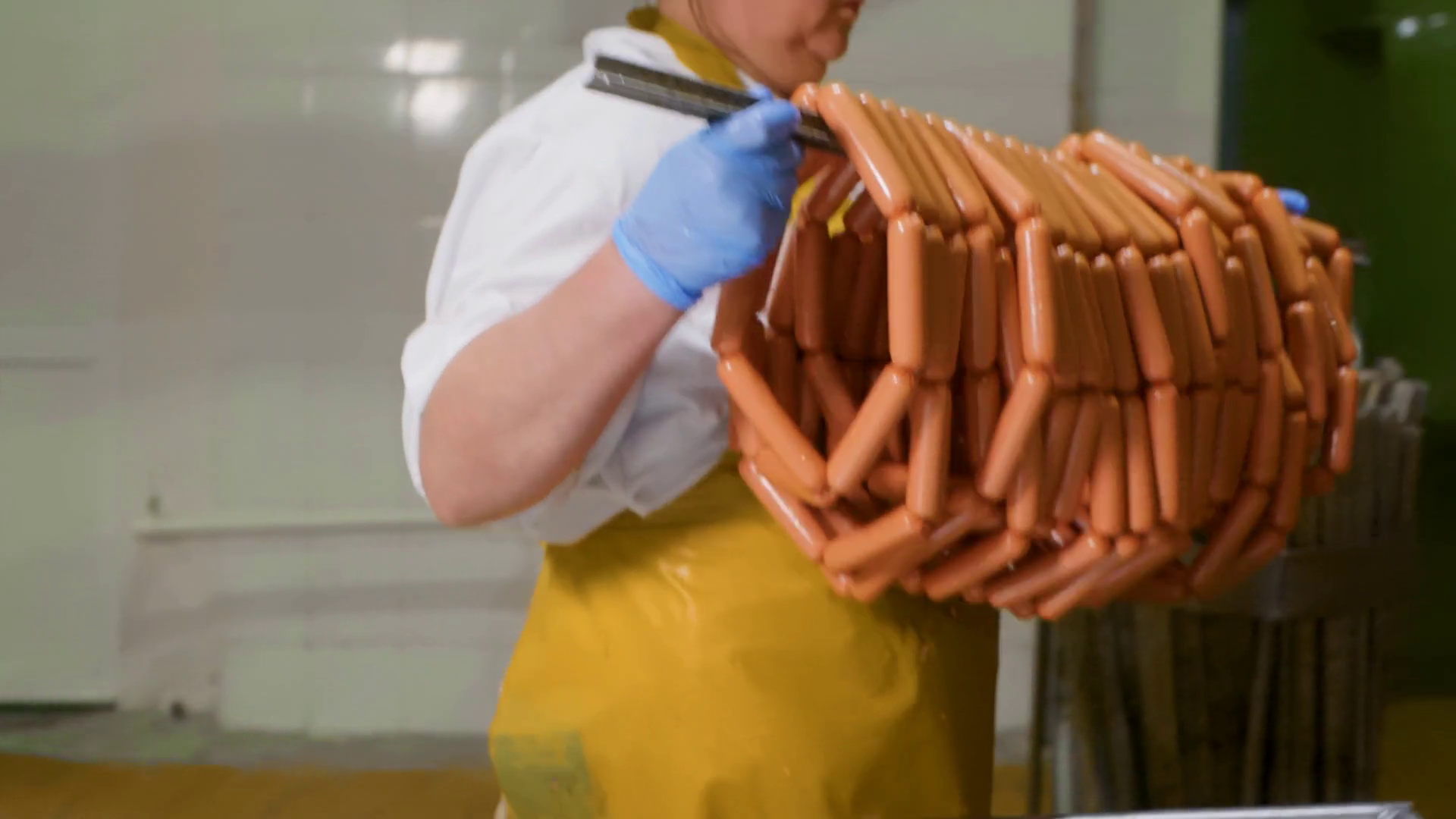 Female Worker Putting Processed Sausages On Stock Footage SBV-348465999 ...