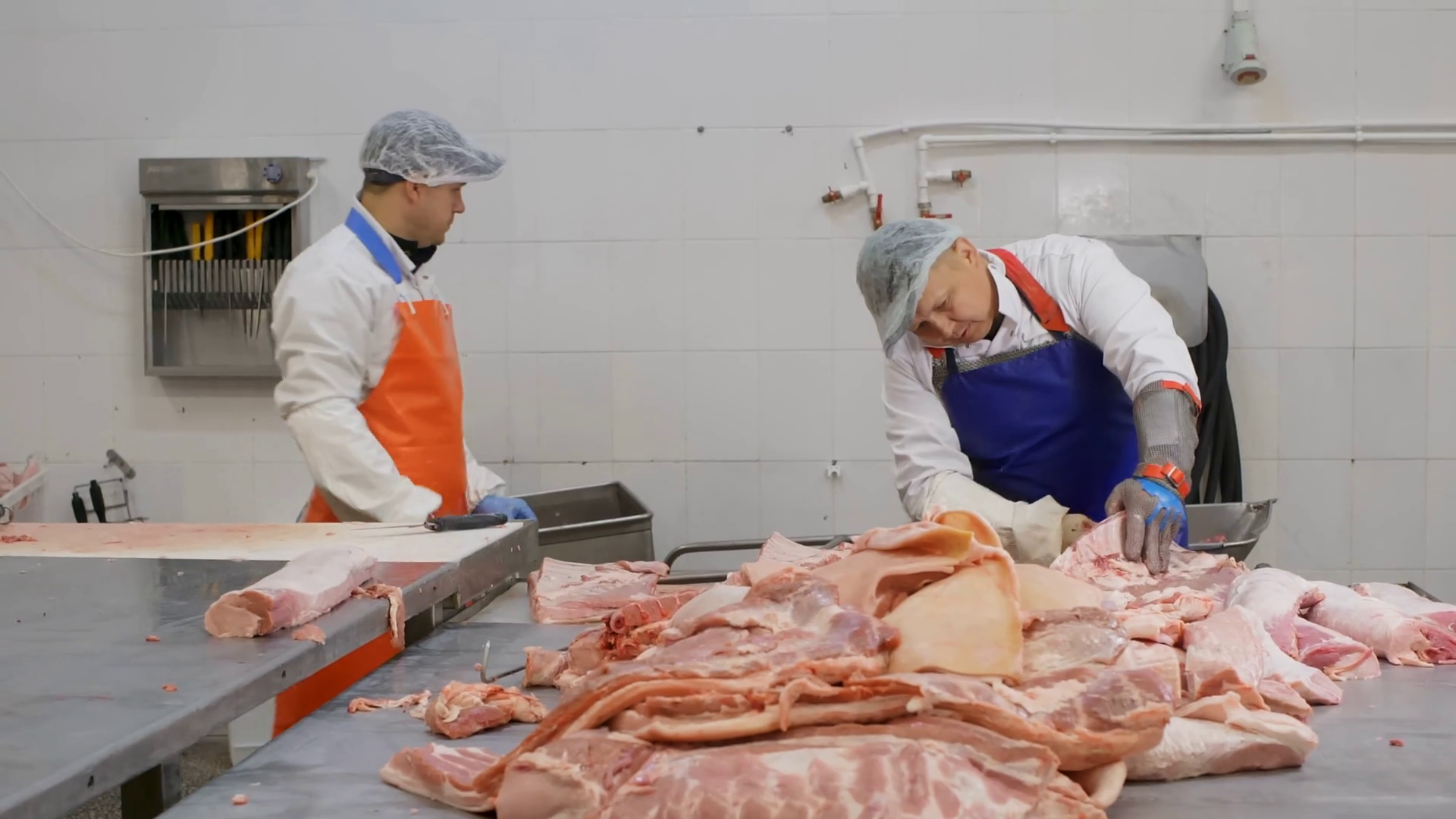 Butchers Men Cutting Pork Meat From Bones Stock Footage SBV-348474598 ...