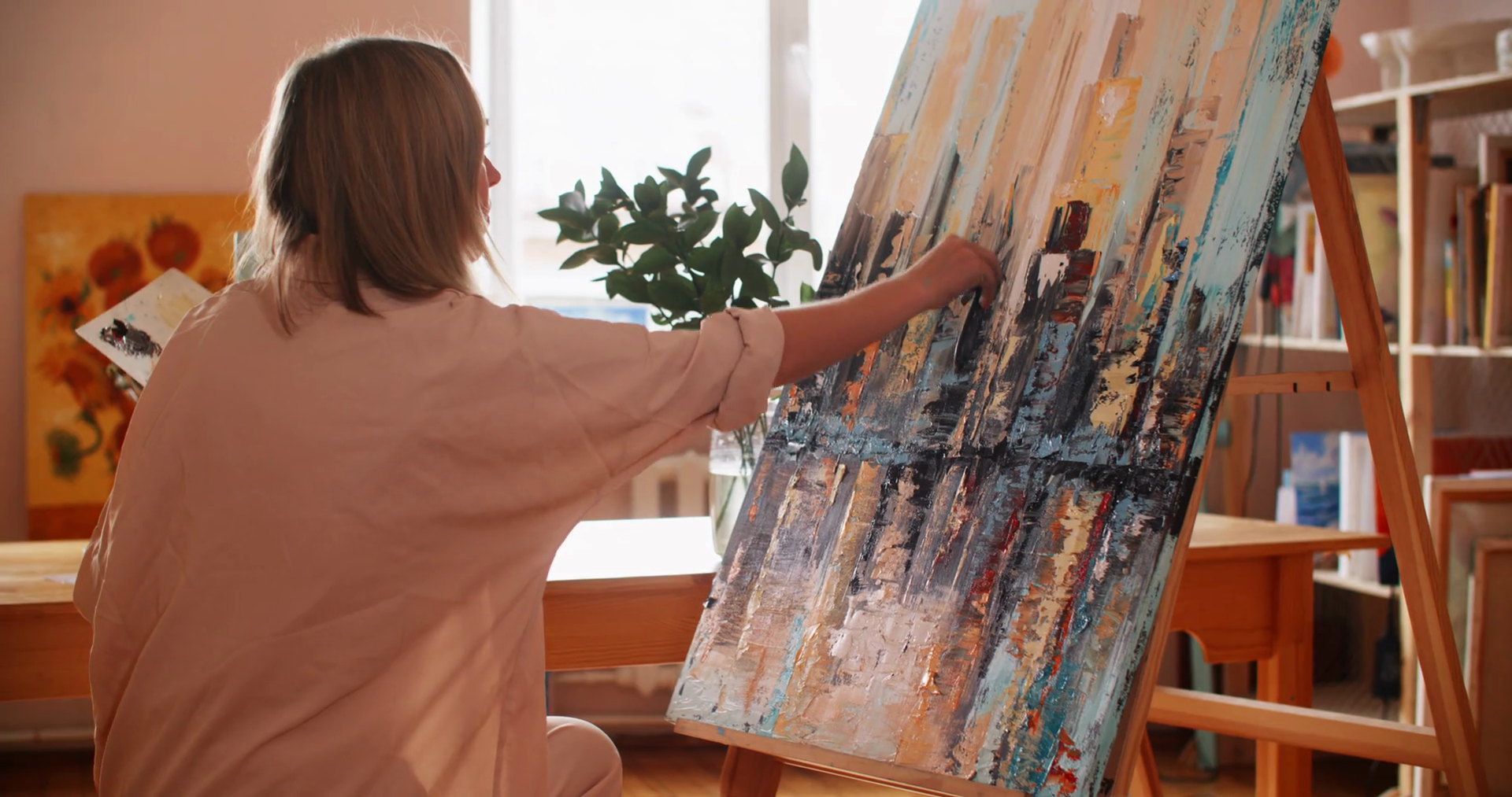 Talented Painter Painting On Canvas With Stock Footage SBV-348799724 ...