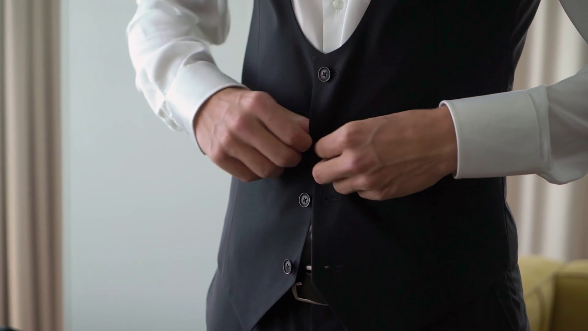 Man Is Fastening Button On Black Jacket Vest Stock Footage SBV ...