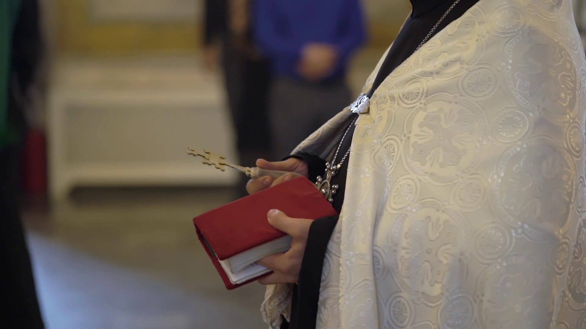 Priest Holds Gospel Book Bible Reads Prayer Stock Footage SBV-352014794 ...