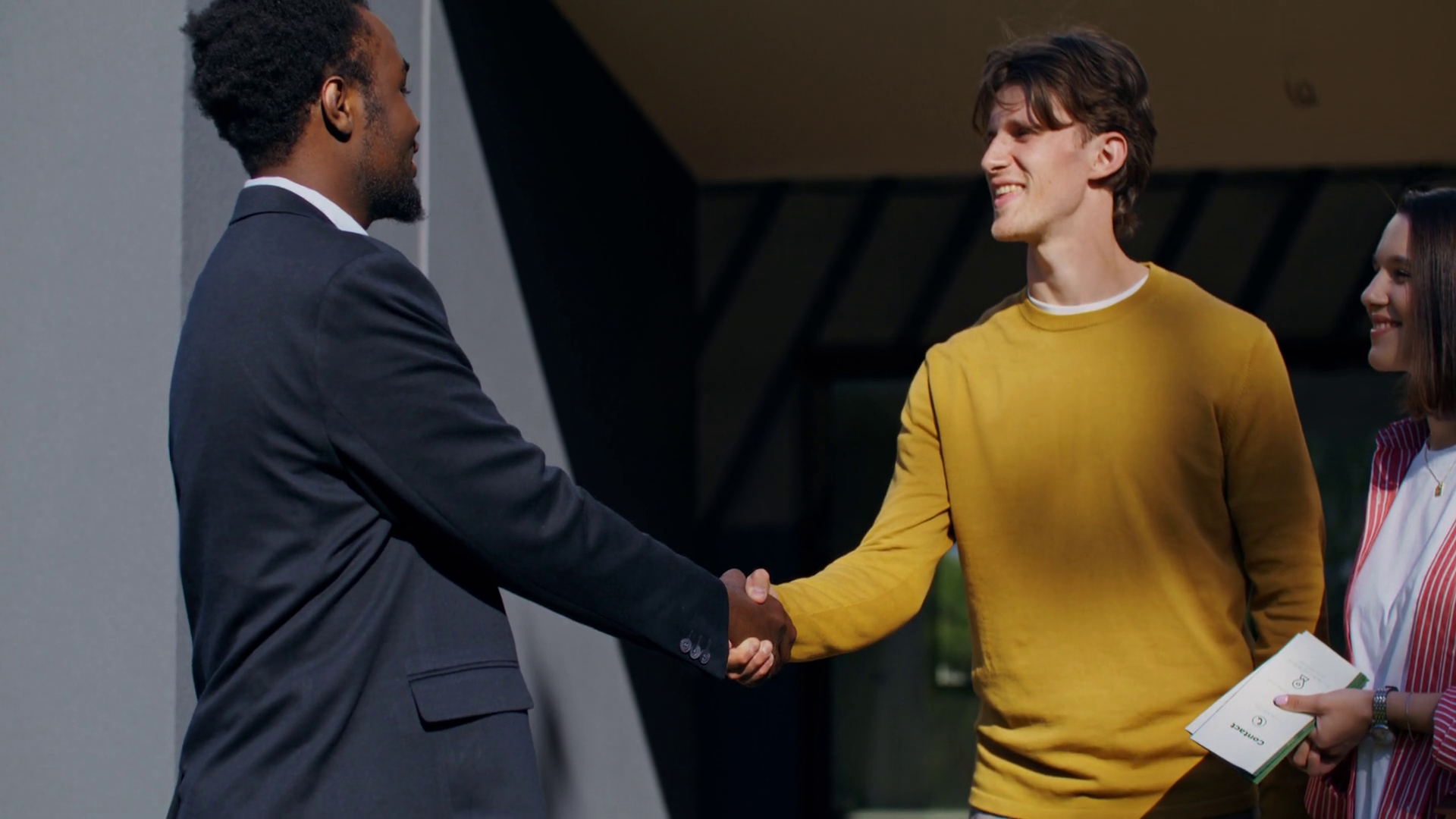 Two Men Shake Hands Talk Standing Outside Stock Footage SBV-352329642 ...