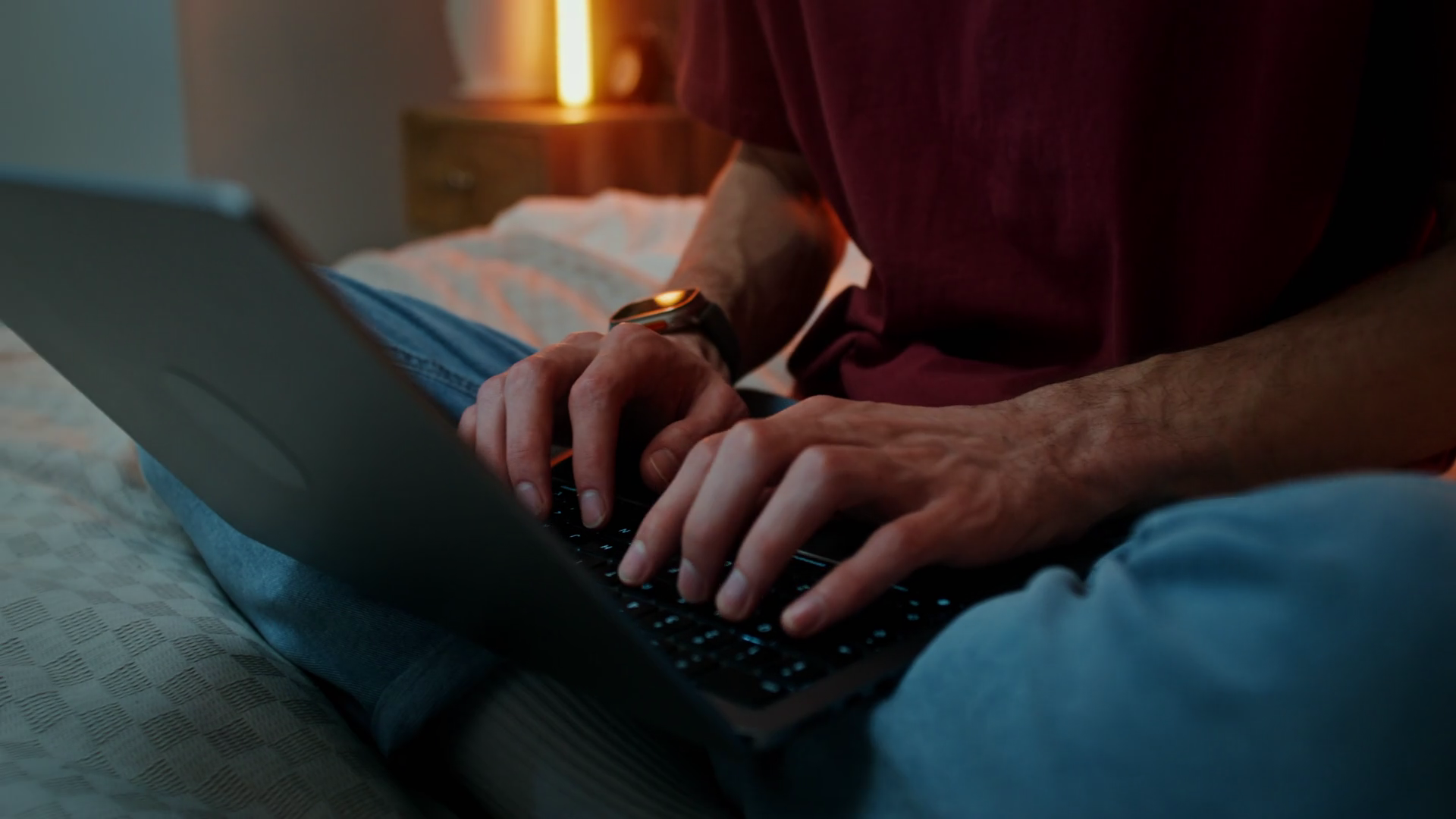 A Man Is Typing On Laptop Standing On Feet Stock Footage SBV-347726894 ...