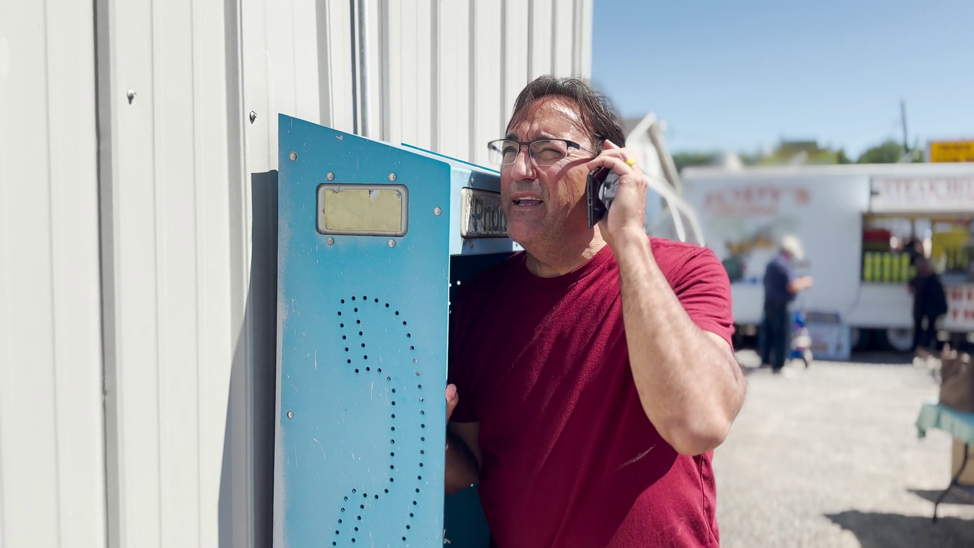 A Man Uses Old Outside Phone Booth To Make Stock Footage SBV-347673914 ...