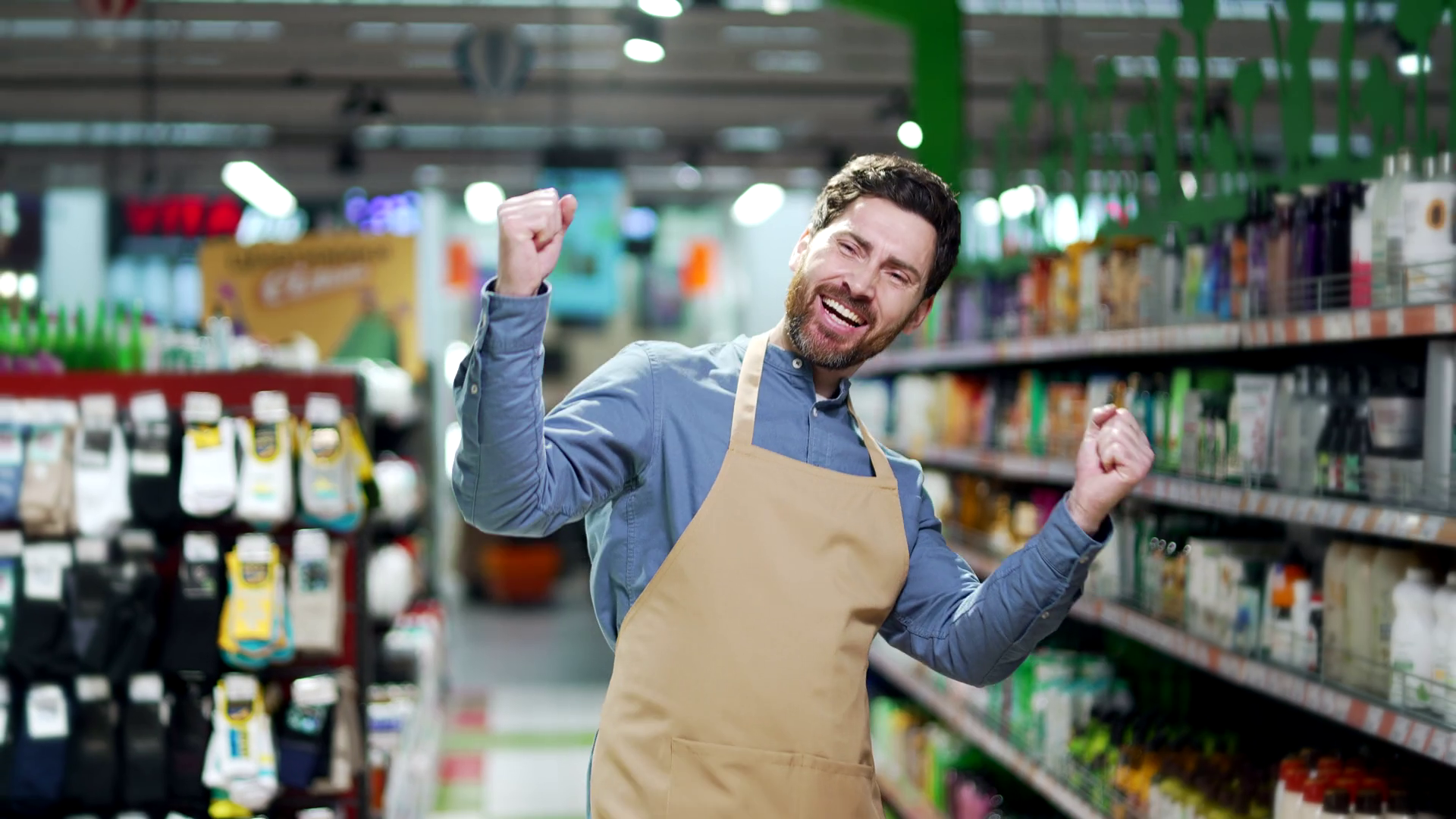 Joyful Supermarket Salesman Worker Dancing Stock Footage SBV-352100823 ...