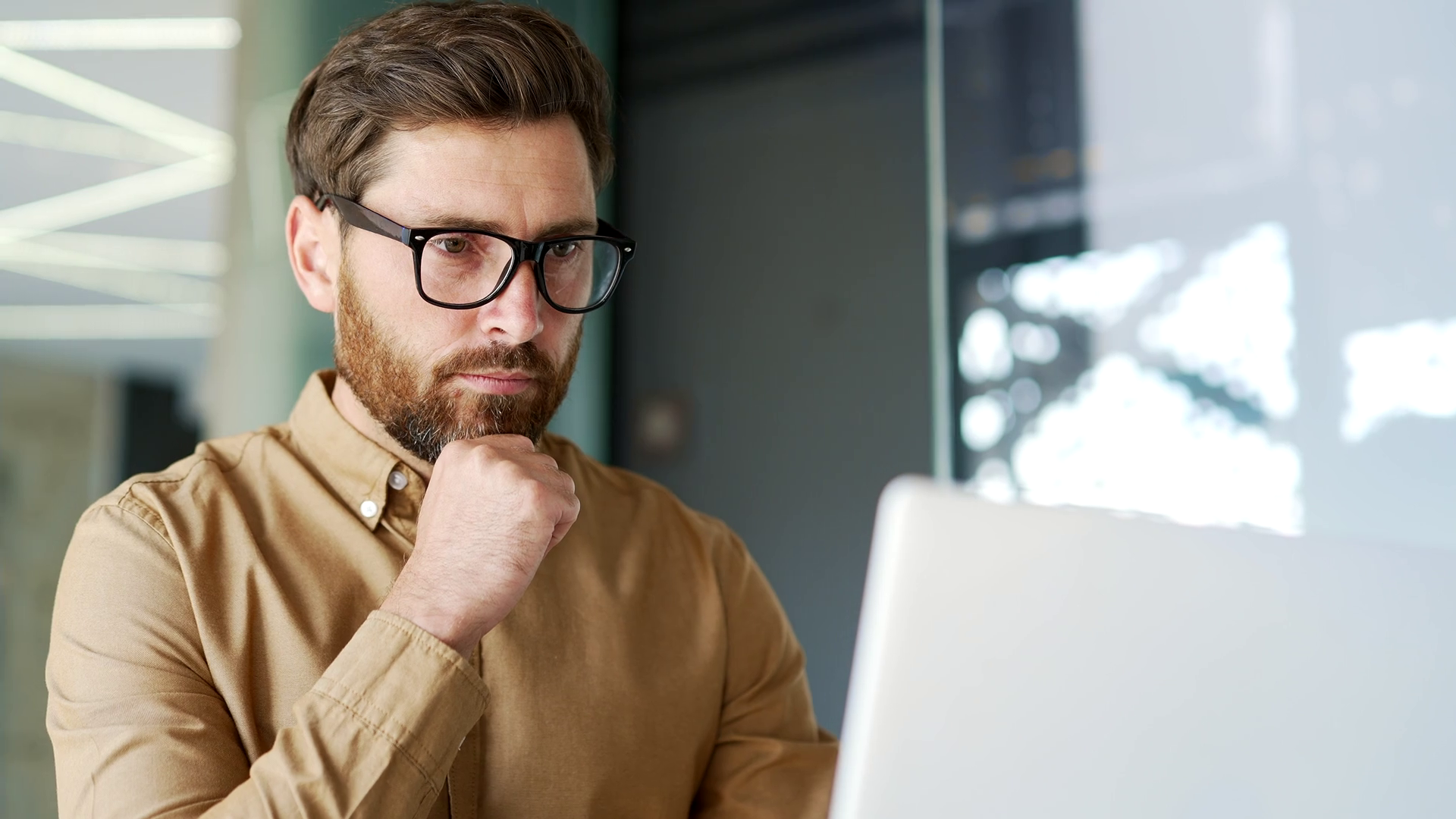 Serious Thoughtful Manager Works On Laptop Stock Footage SBV-352083150 ...