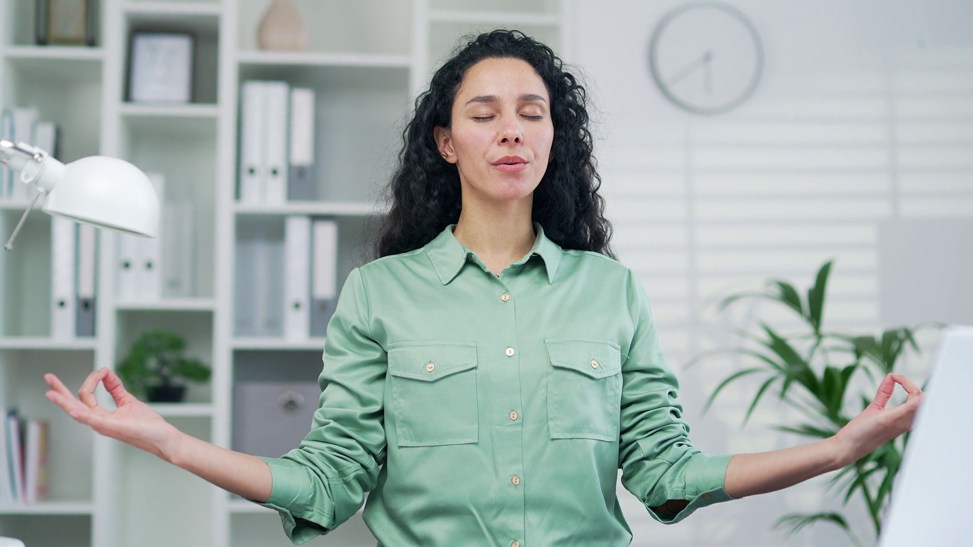 Calm Employee Worker Practices Yoga At Stock Footage SBV-351890930 ...