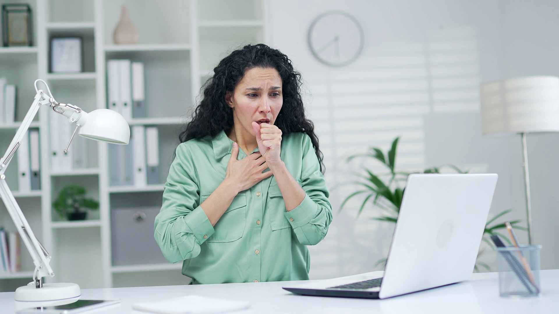 Sick Young Woman Employee Coughs Holding Stock Footage SBV-351890805 ...