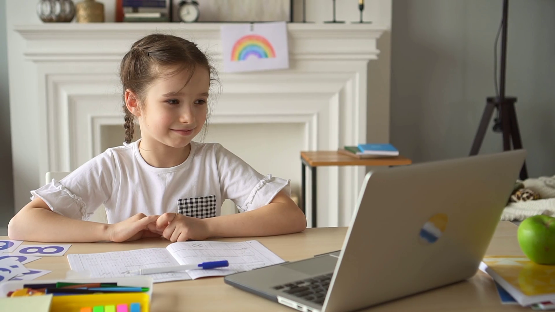 Child smile, talk with online class look at laptop screen Spbd. Girl ...