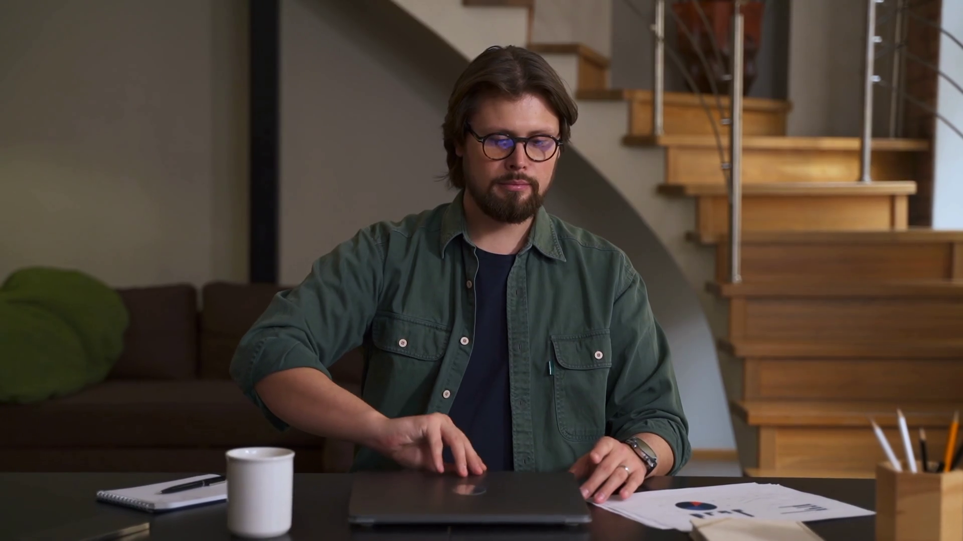Young Businessman Opening Laptop Sitting At Stock Footage SBV-347471831 ...