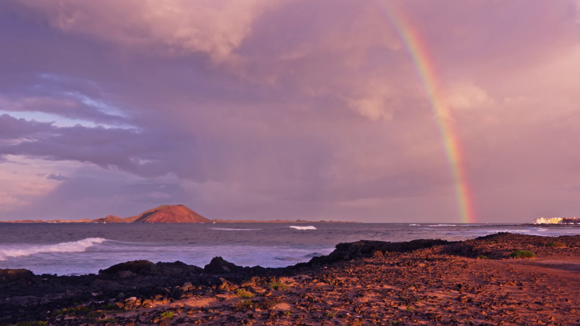 Rainbow On Horizon Volcanic Island Away From Stock Footage SBV ...
