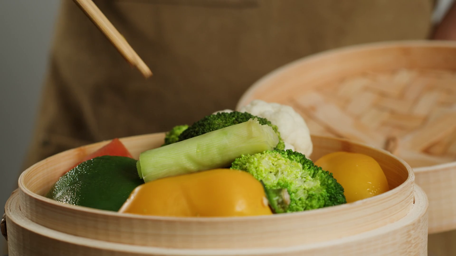 Steaming Vegetables Close-up Wooden Steamer Stock Footage SBV-348823859 ...