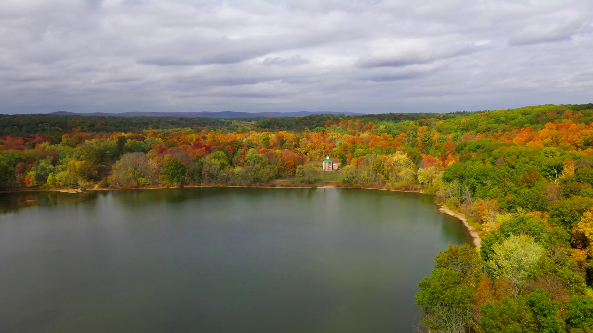 Aerial Pan View Of Fisher Meadows Lake In Stunning Autumn Landscape ...