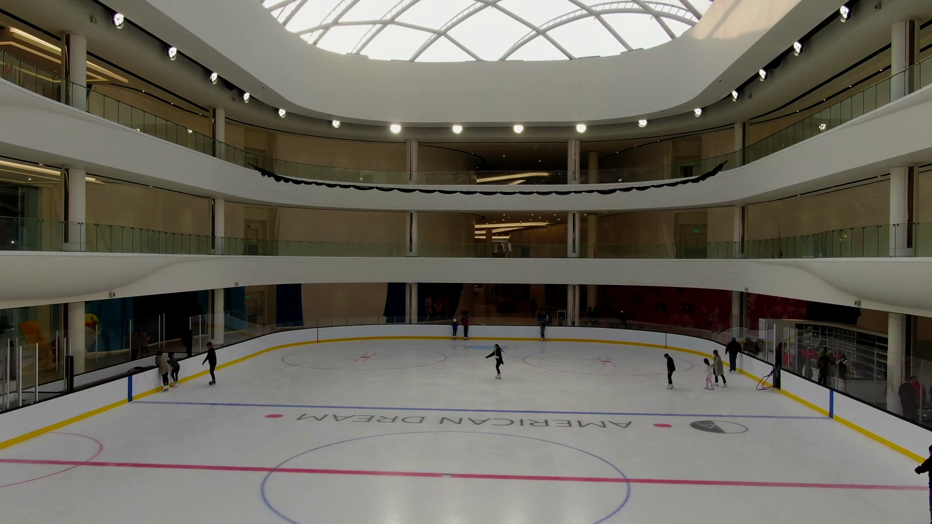 Aerial Pull Back View Of The Ice Rink At The New American Dream Mall ...