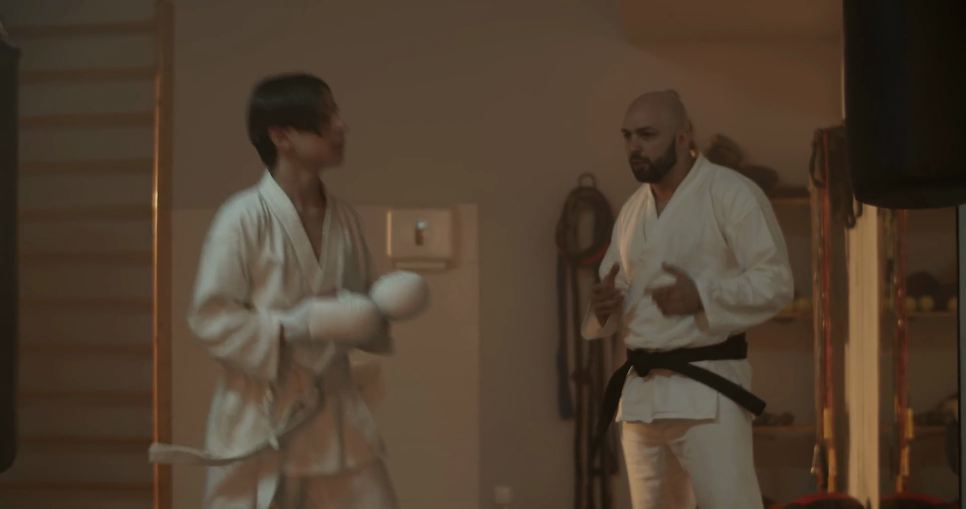 Karate Coach Man Guides Young Athlete Stock Footage SBV-352661148 ...