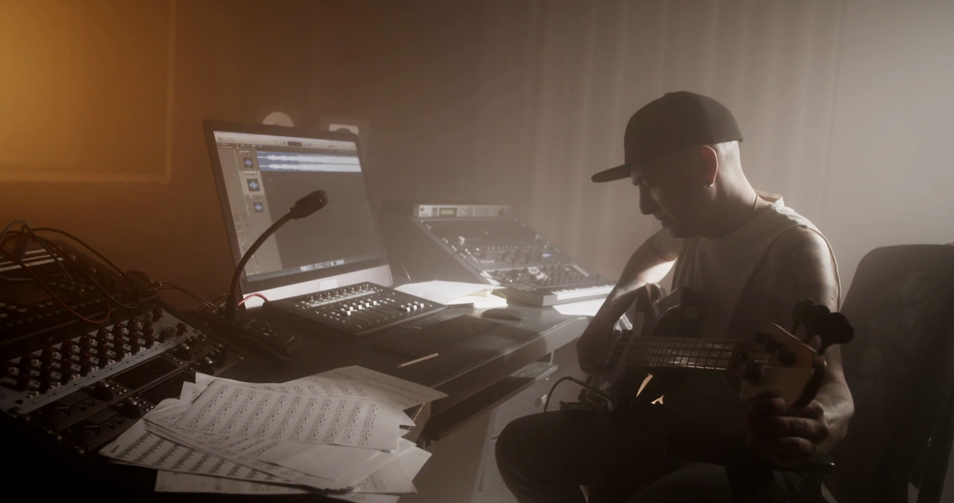 Male Music Composer Playing Bass Guitar In Stock Footage SBV-348467775 ...