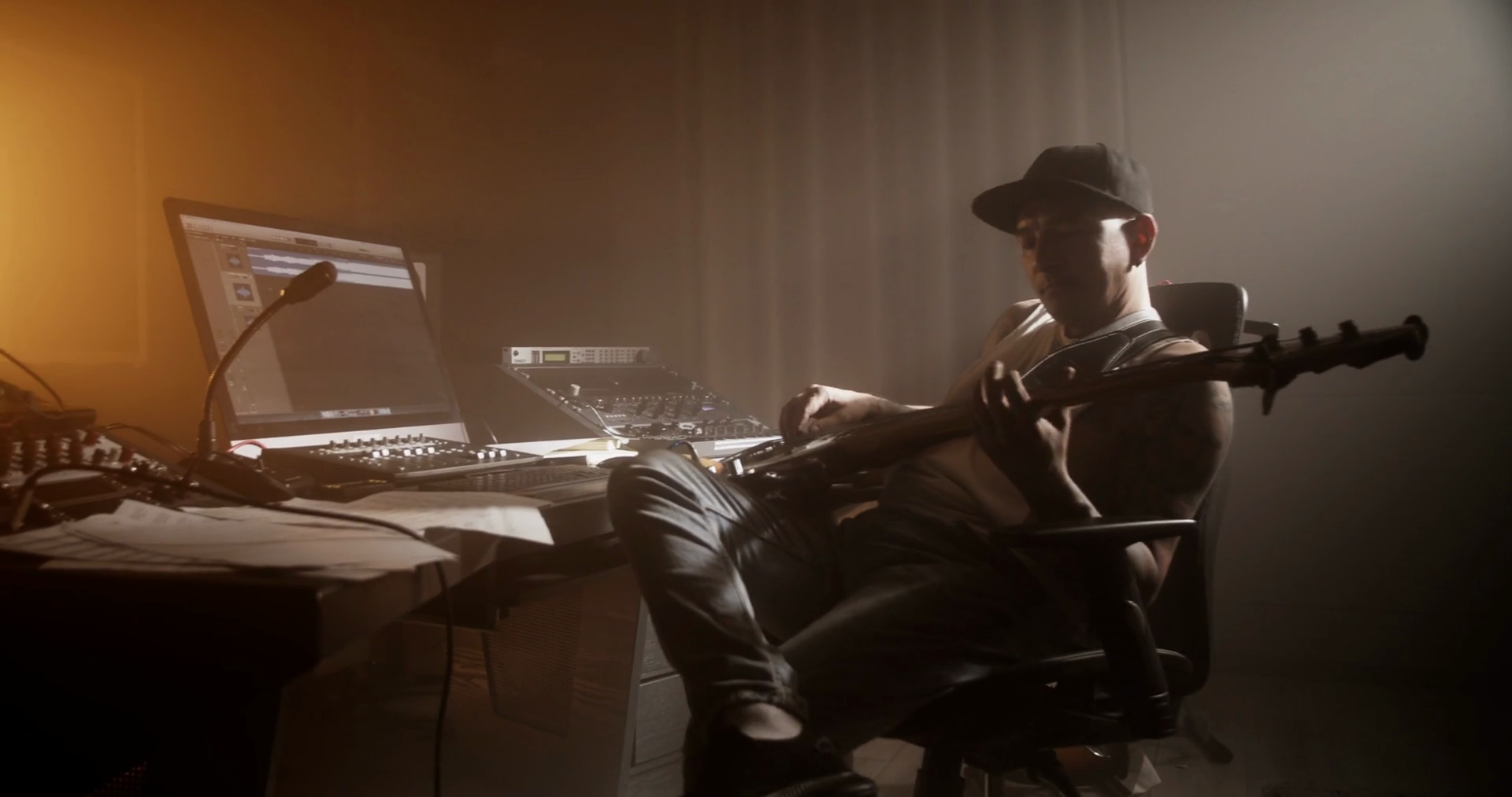 Guitarist Playing Bass In Dark Recording Stock Footage SBV-348467726 ...