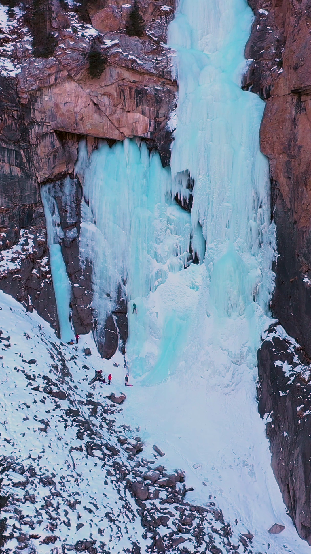 Ice Climbing On Frozen Waterfall Aerial View Stock Footage SBV ...