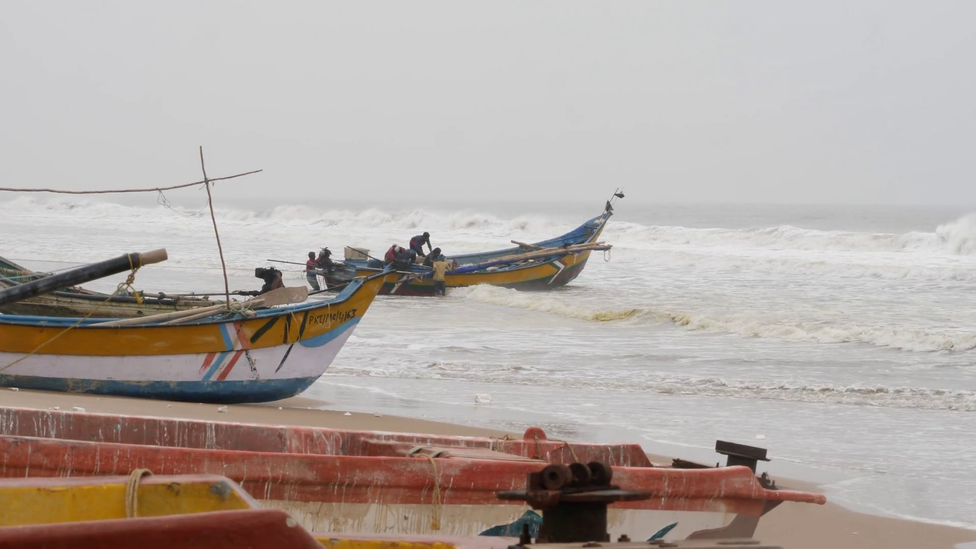 Men Pushing Boat Into Water Fishingboats At Stock Footage SBV-347325611 ...