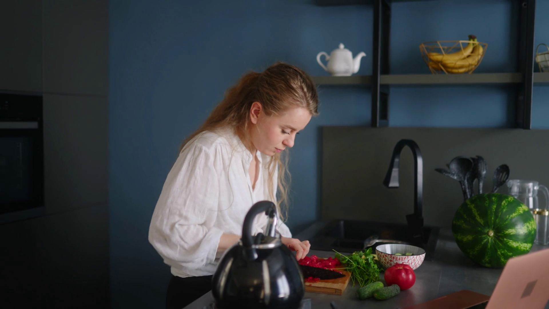 Stressed woman in hurry on multitasking rush on remote job at home ...
