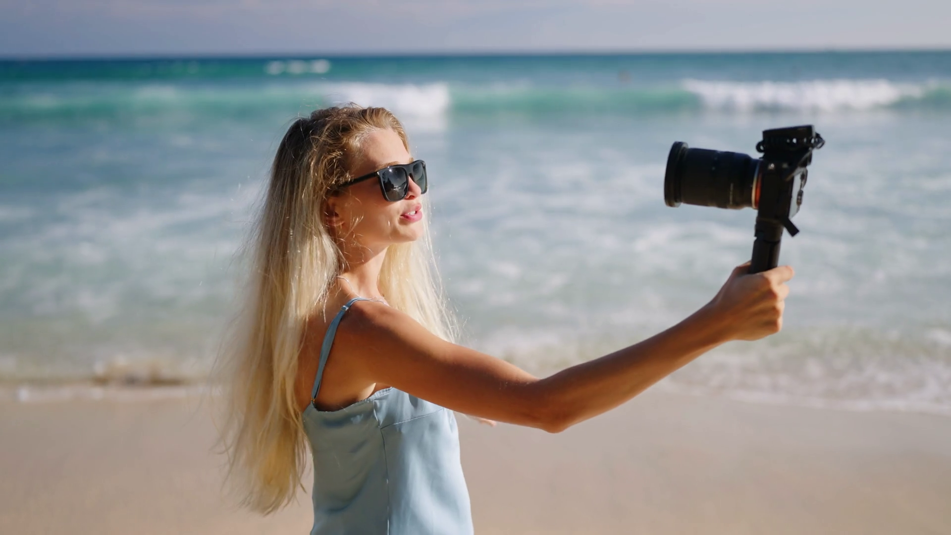 Woman Travel Vlogger Adores Summer Vacation Stock Footage SBV-348471585 ...
