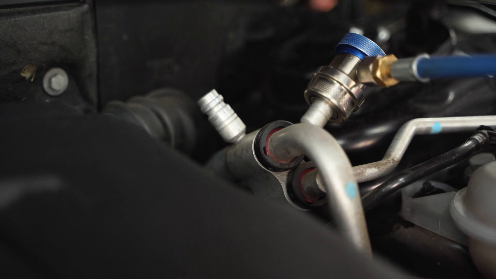 Auto Mechanic Connects Hoses Car Ac Recharge Stock Footage SBV ...