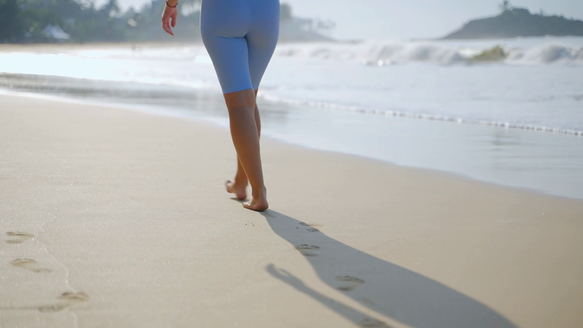 Barefoot Person In Blue Shorts Strolls On Stock Footage SBV-348805416 ...