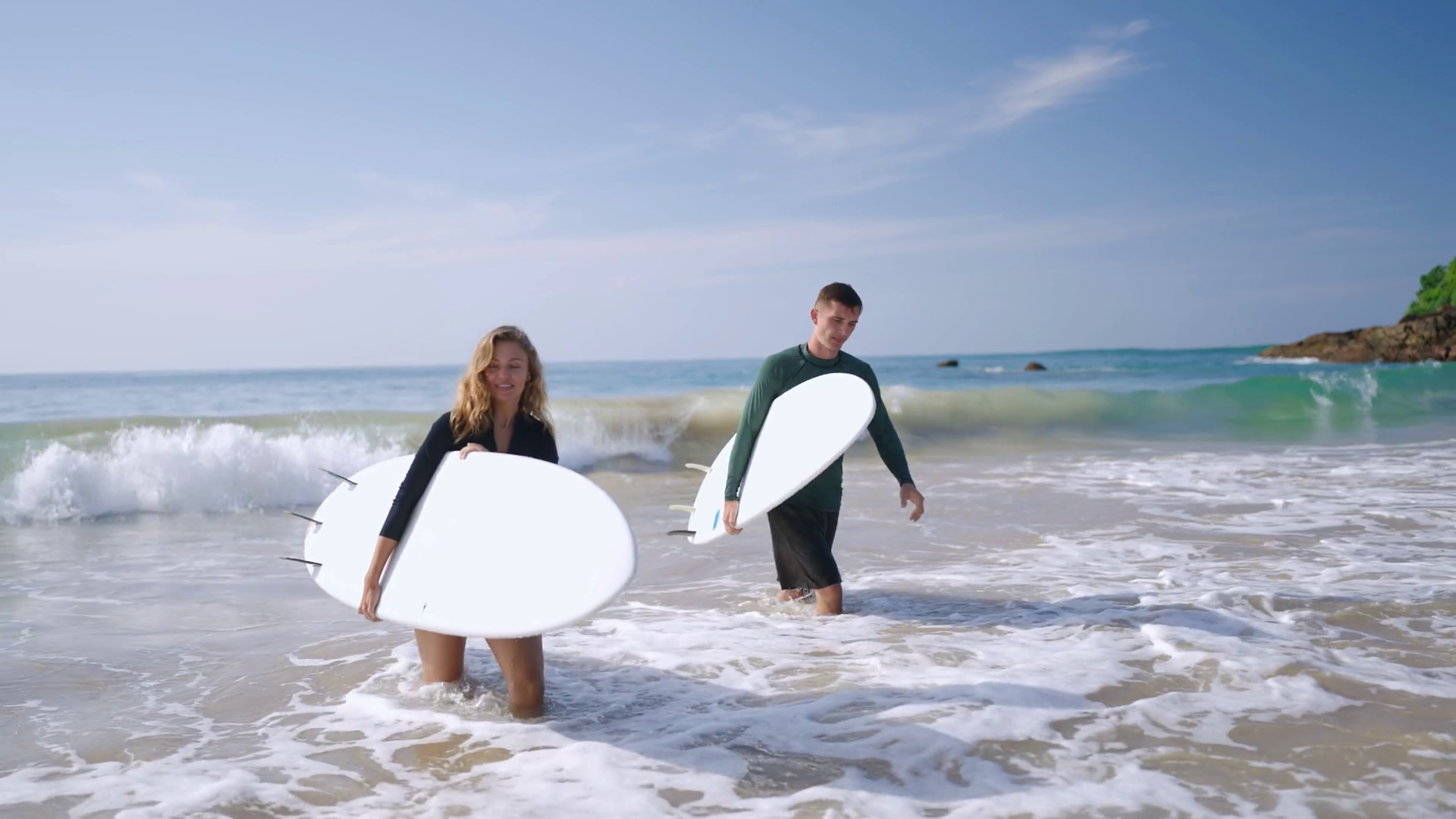 Happy Surfers Couple In Love Coming Out Of Stock Footage SBV-348804760 ...