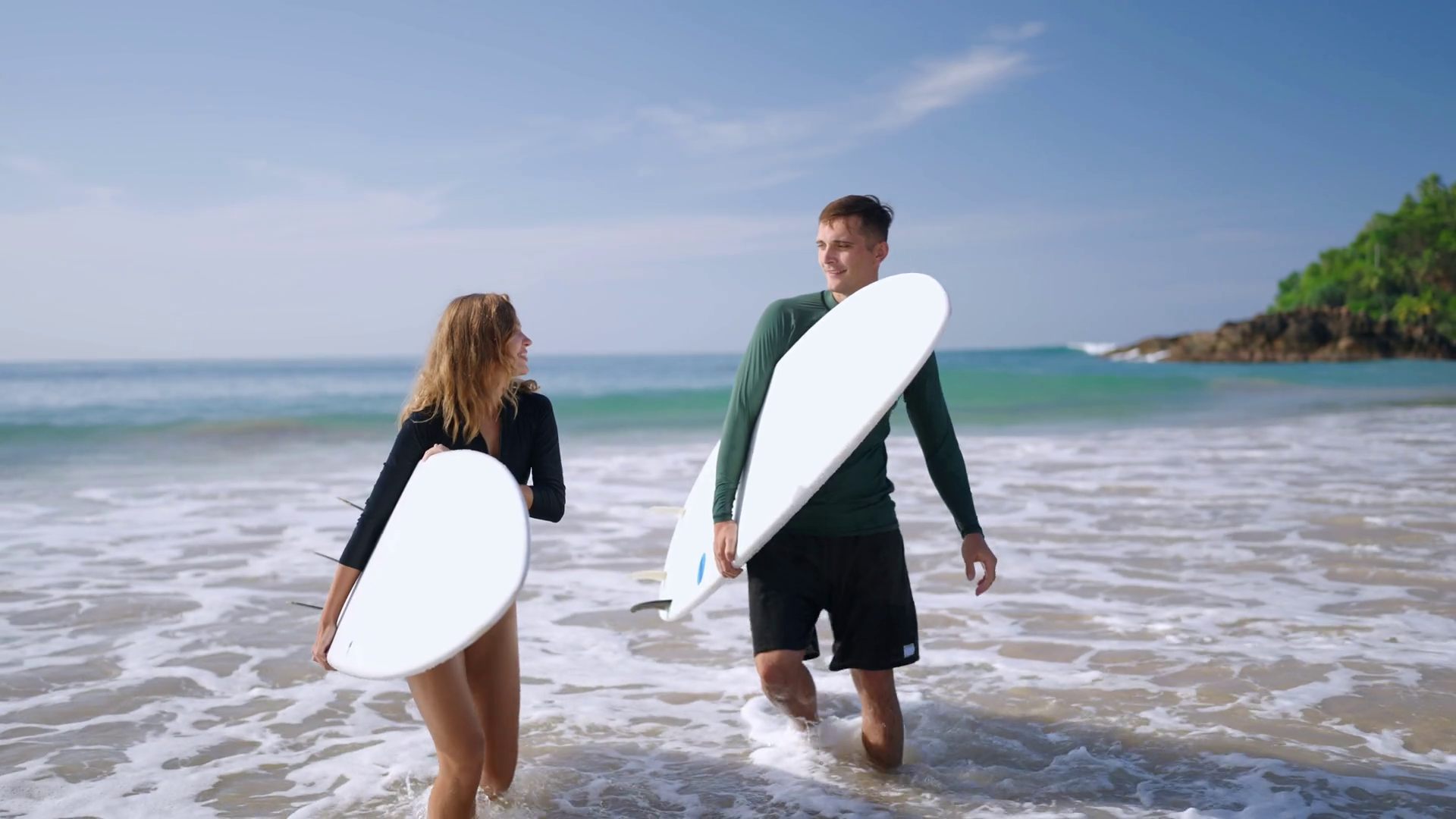 Happy Surfers Couple In Love Coming Out Of Stock Footage SBV-348803130 ...