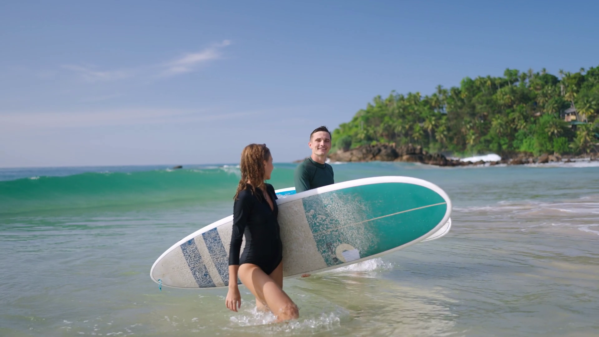 Happy Surfers Couple In Love Coming Out Of Stock Footage SBV-348804736 ...