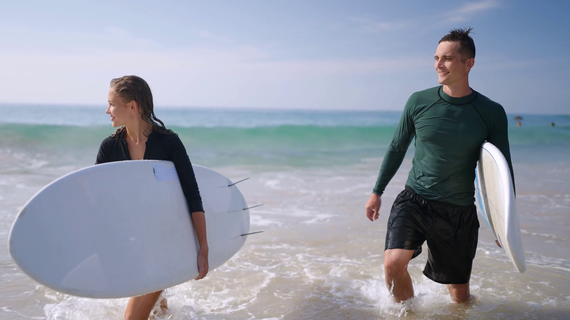 Happy Surfers Couple In Love Coming Out Of Stock Footage SBV-348806783 ...