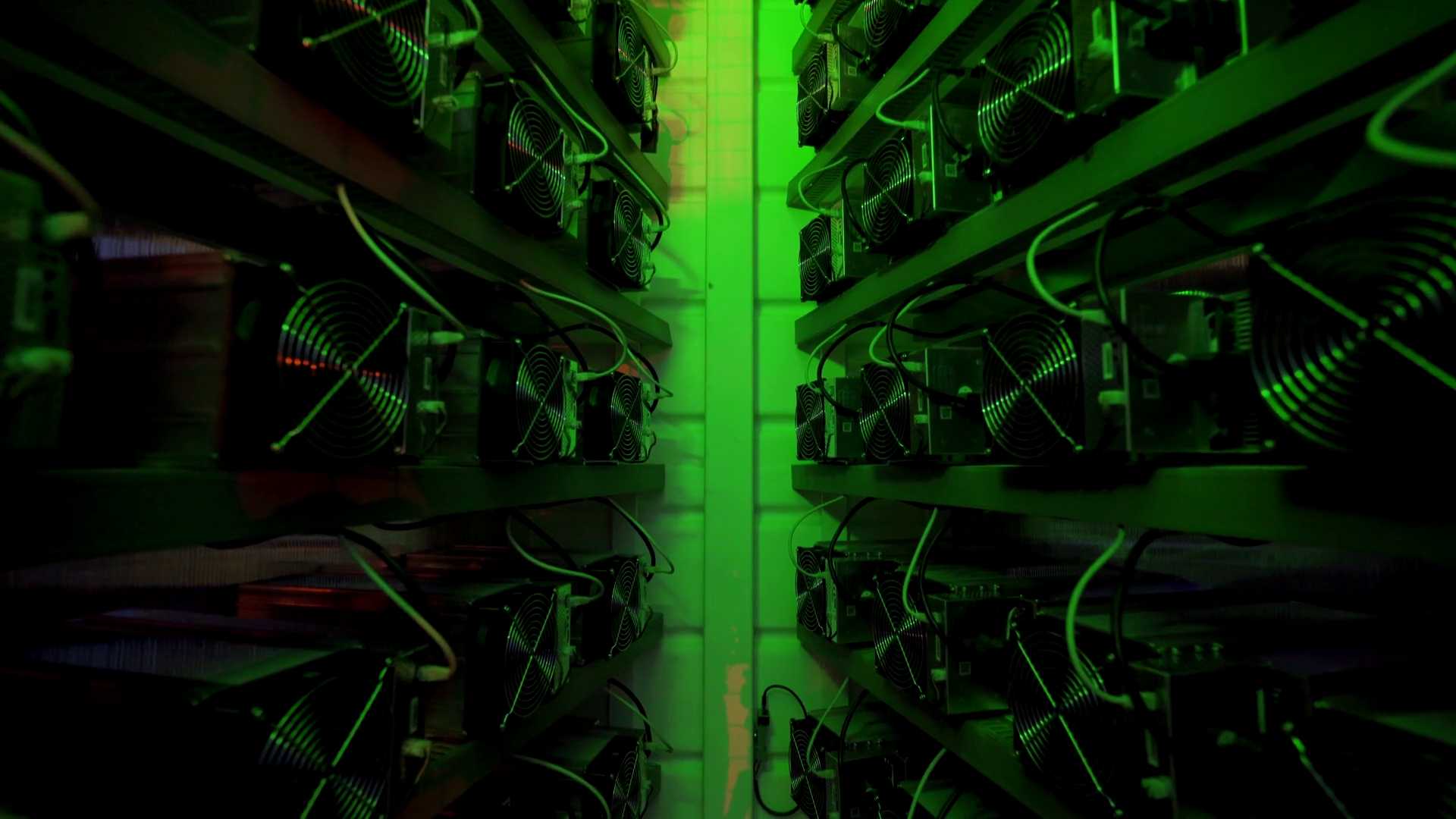 Bitcoin miners in large farm. ASIC mining equipment on stand racks mine ...