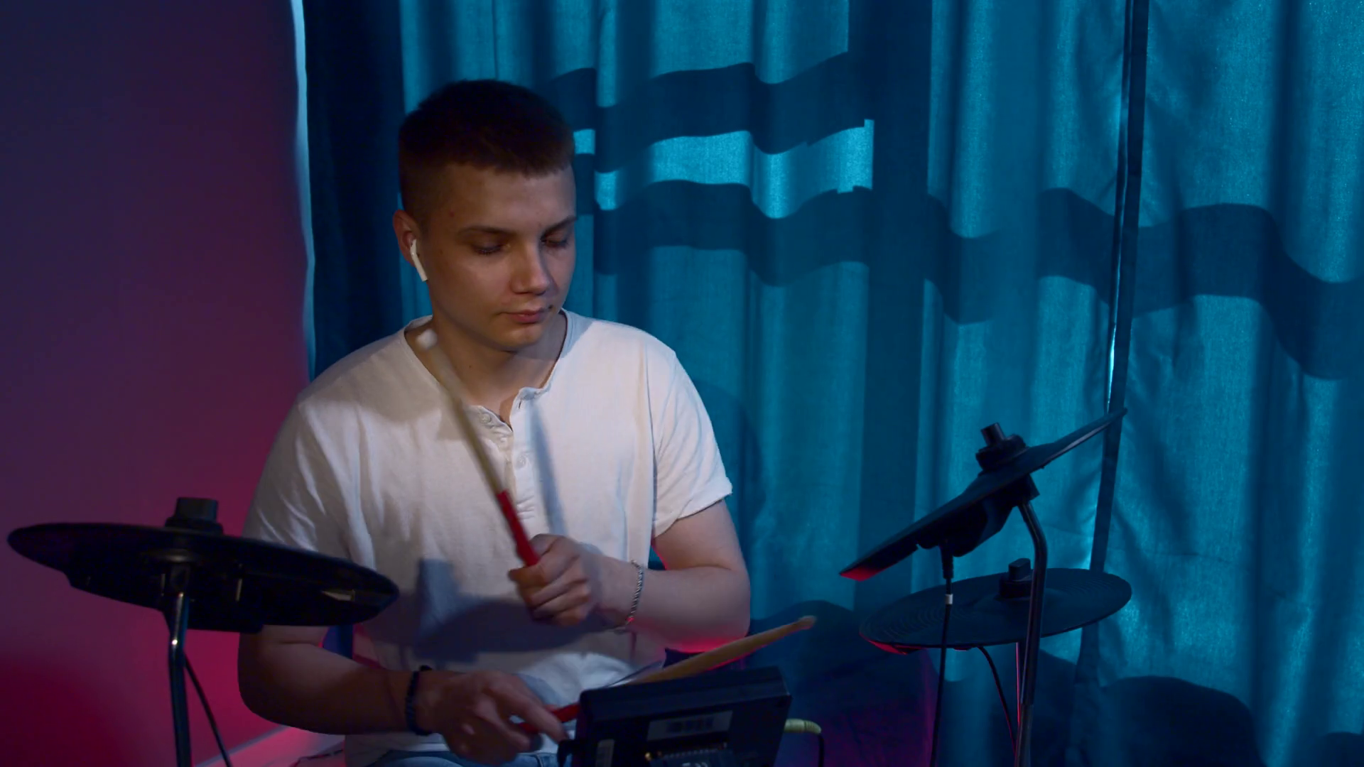 A Handsome Guy Playing Drums With Earphones Stock Footage SBV-348510533 ...