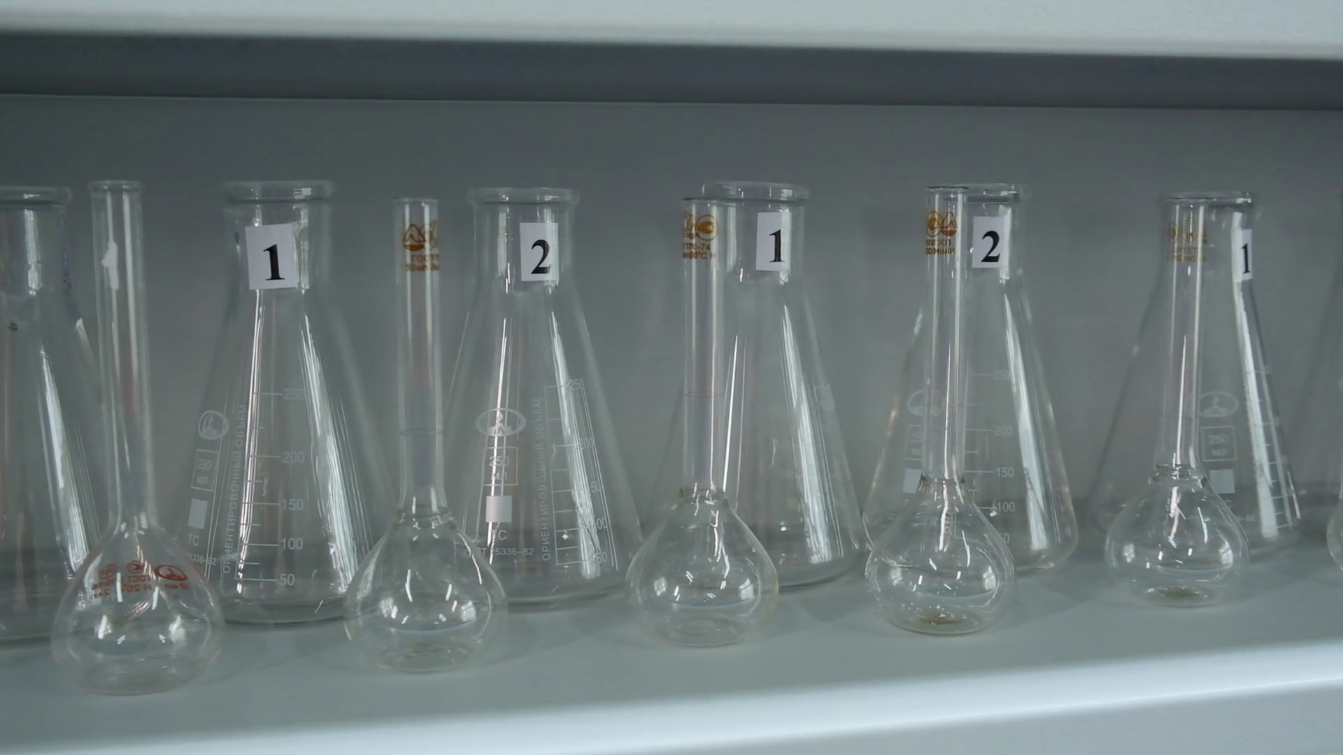 Multiple Laboratory Flasks On Shelf Ready To Stock Footage SBV ...