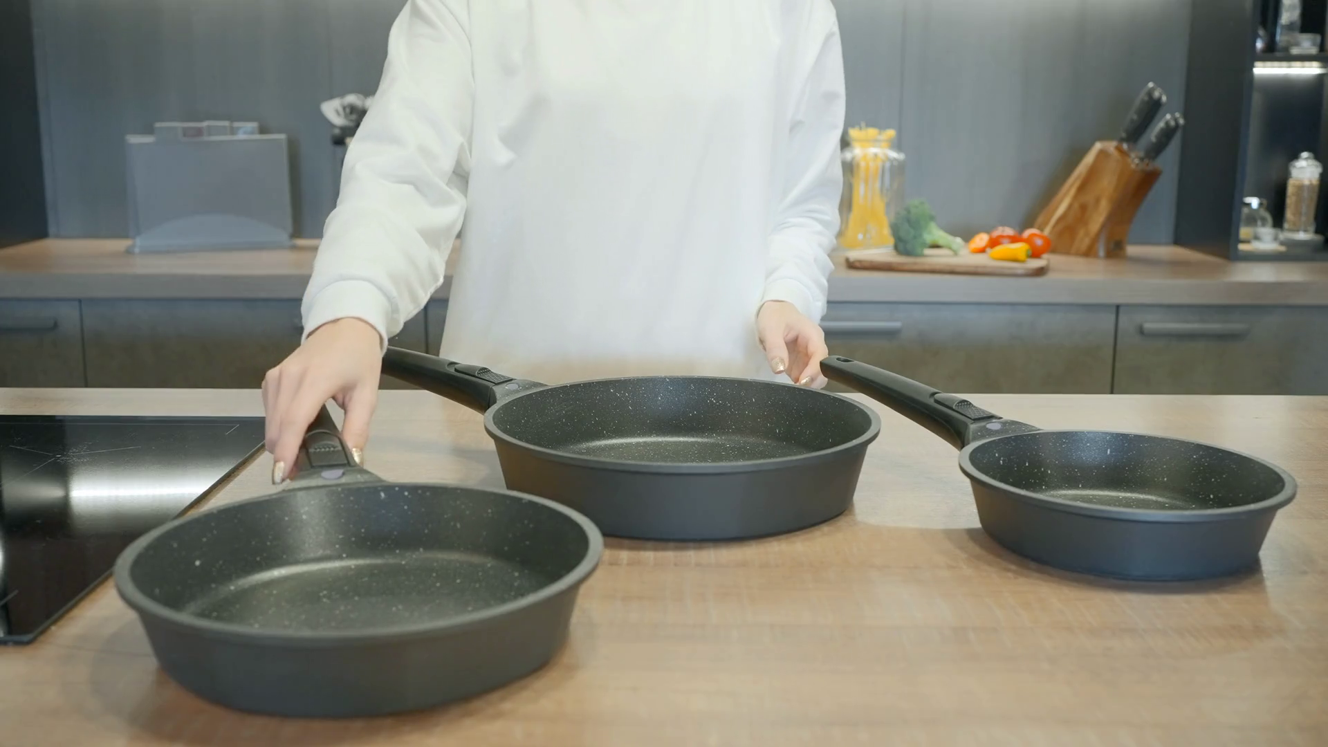 New Set Of Frying Pans Demonstrated Chef In Stock Footage SBV-348616520 ...
