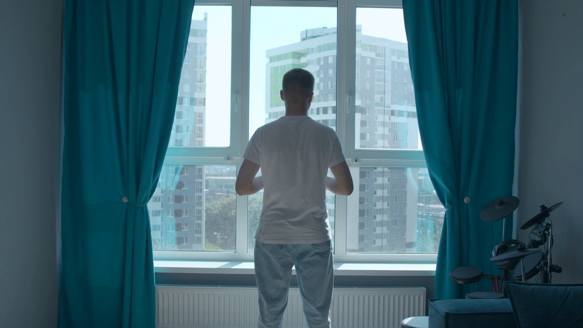 Early Morning Man At Window Raising Hands Stock Footage SBV-348641546 ...