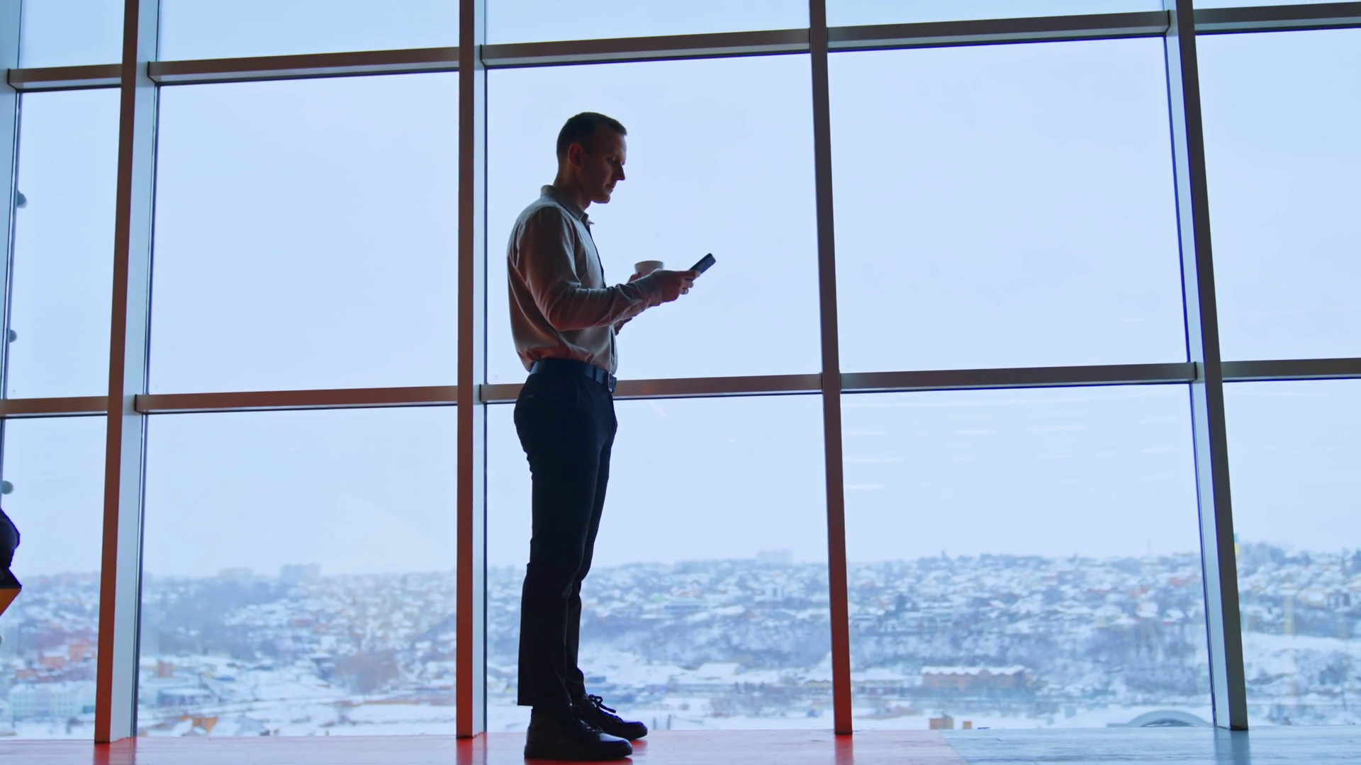 Young Man Standing Tall At Panoramic Window Stock Footage SBV-353059583 ...