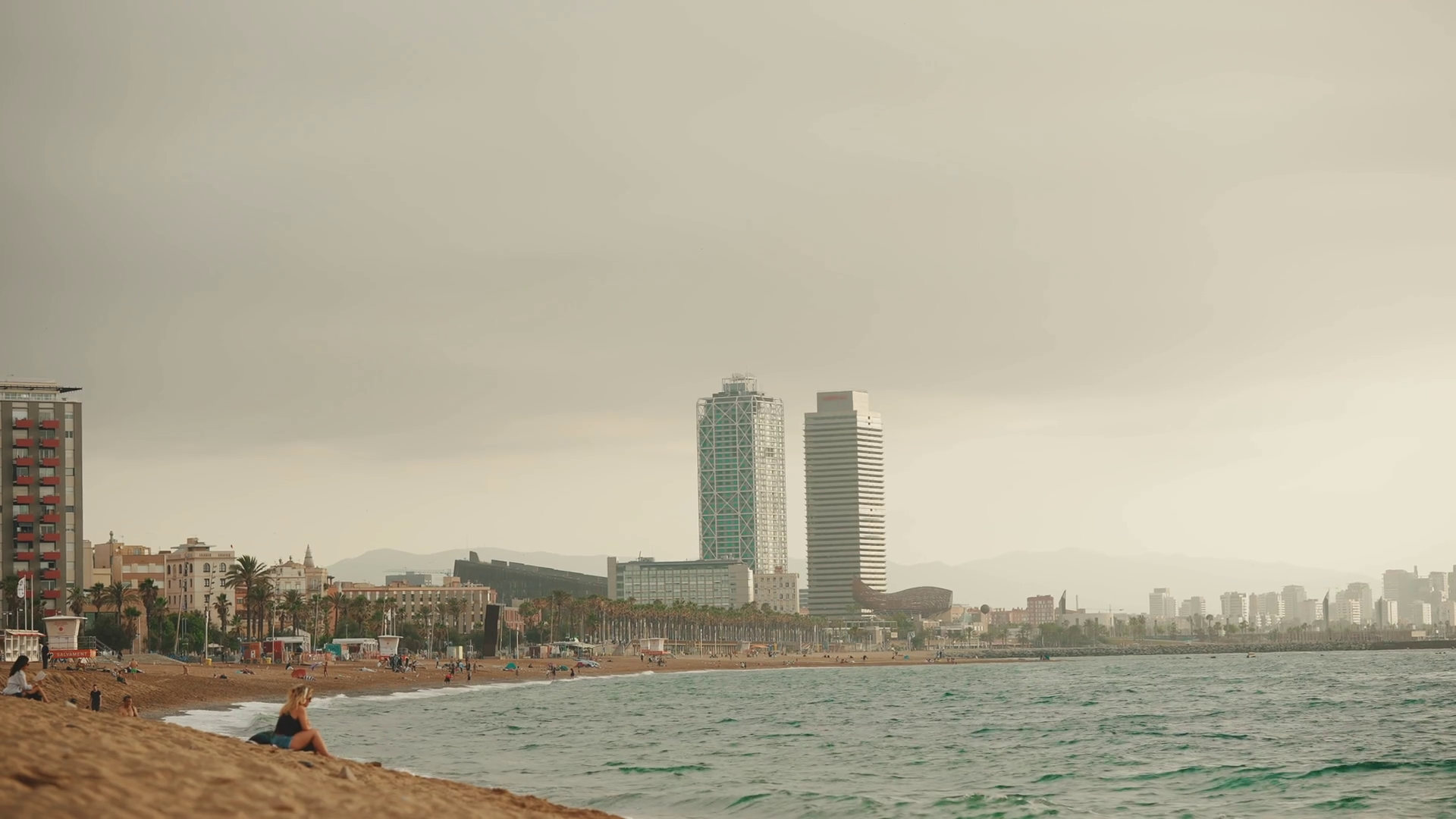 Coastal seascape on modern high rise buildings background. City Beach ...
