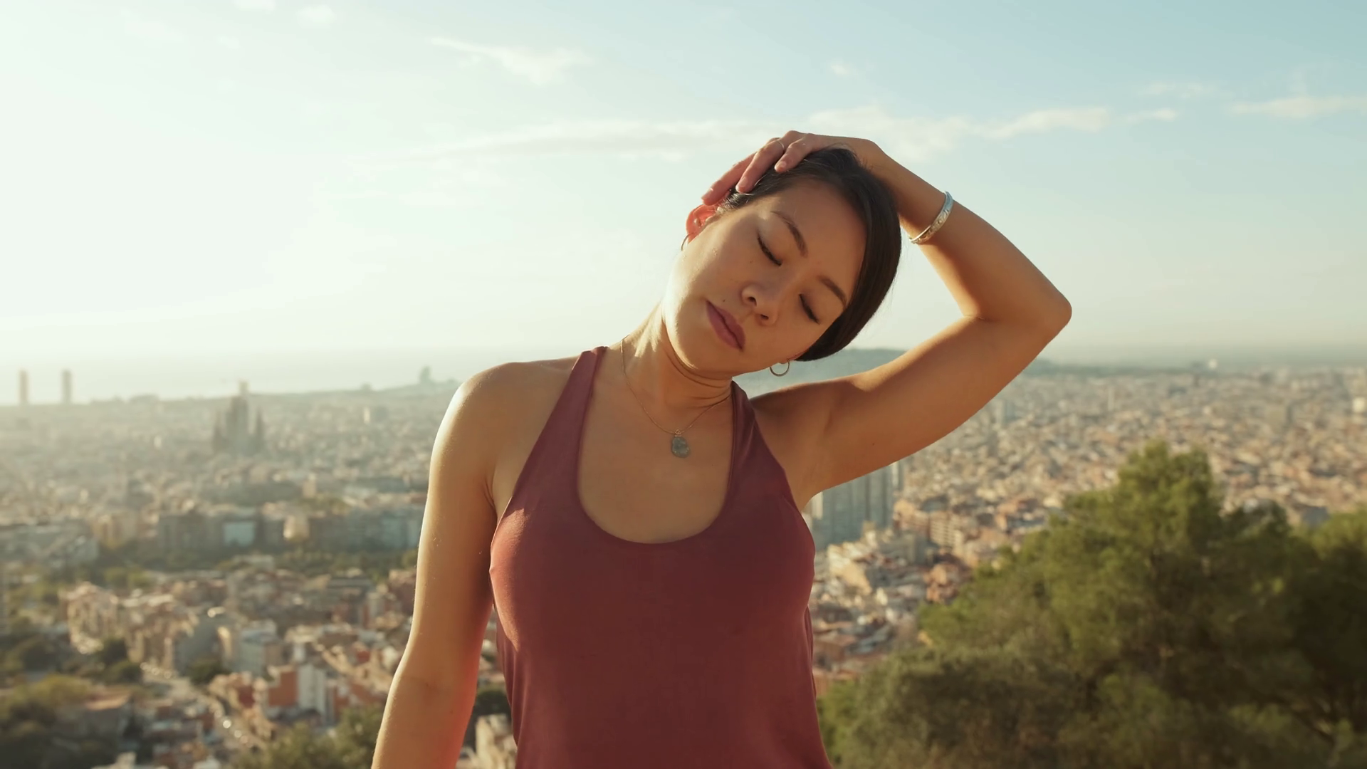 Young Woman Stretches Neck Muscles Standing Stock Footage SBV-347395343 ...