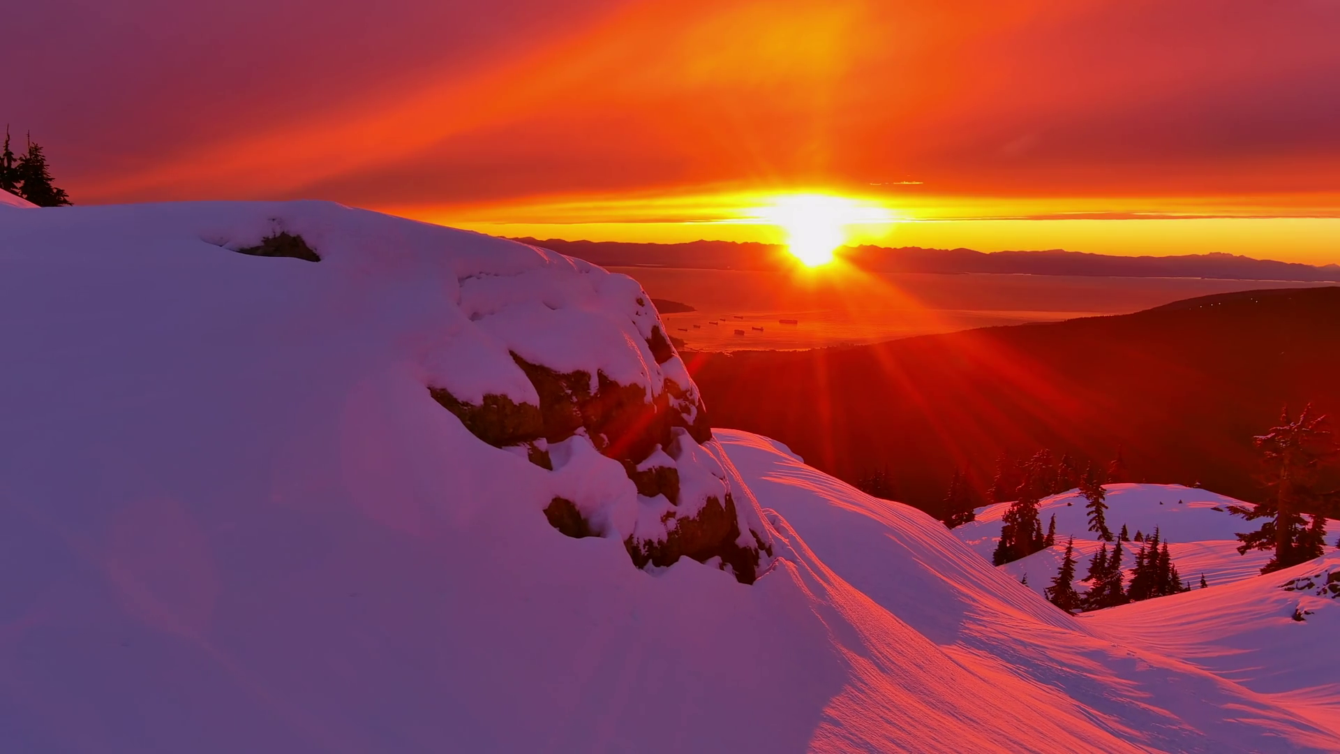 Snowy Rocky Mountain Peak Glowing Red Sky Stock Motion Graphics SBV ...