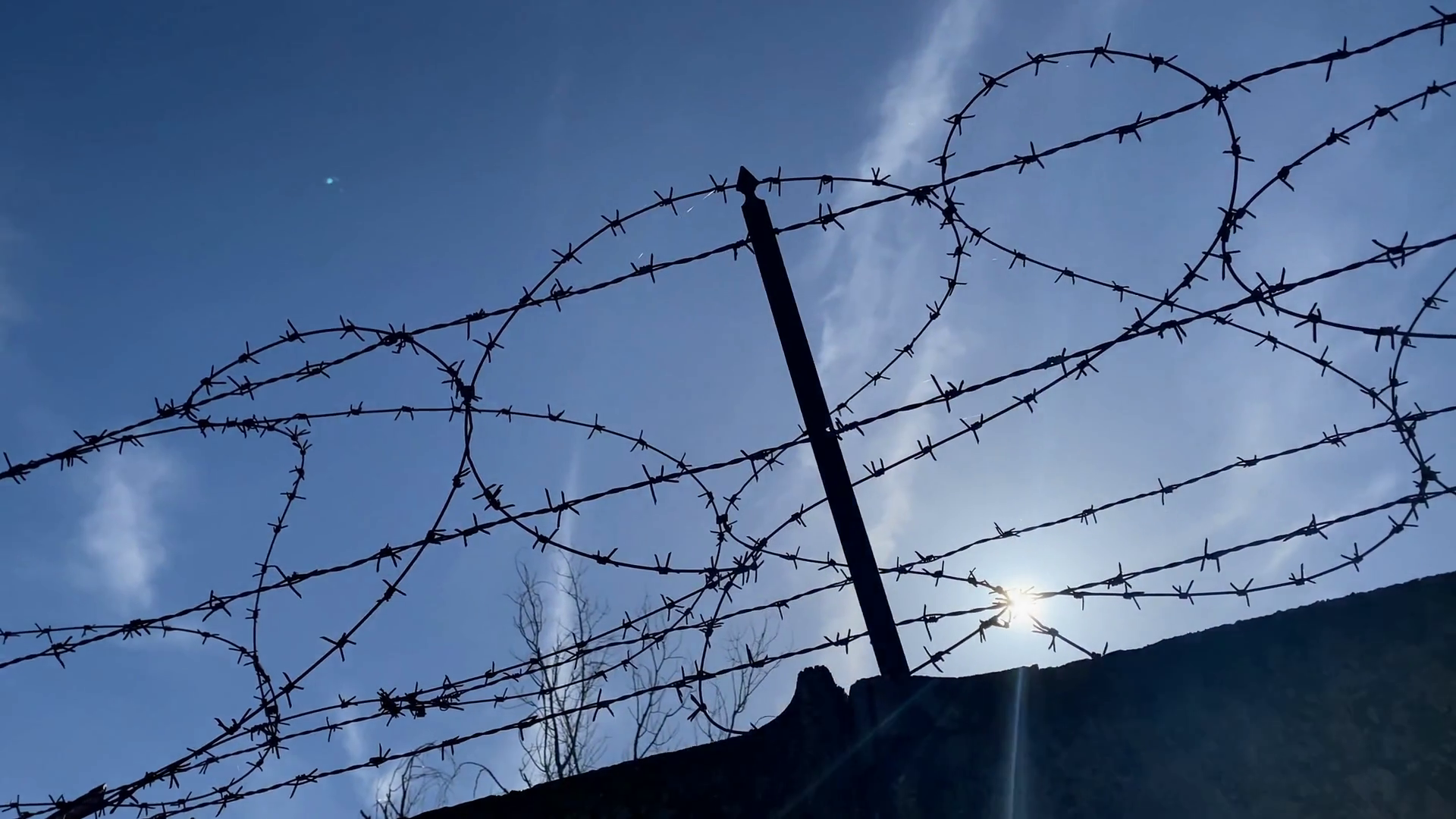 Sharp Barbed Wire Against Blue Sky Sunlight Stock Footage SBV-348864792 ...