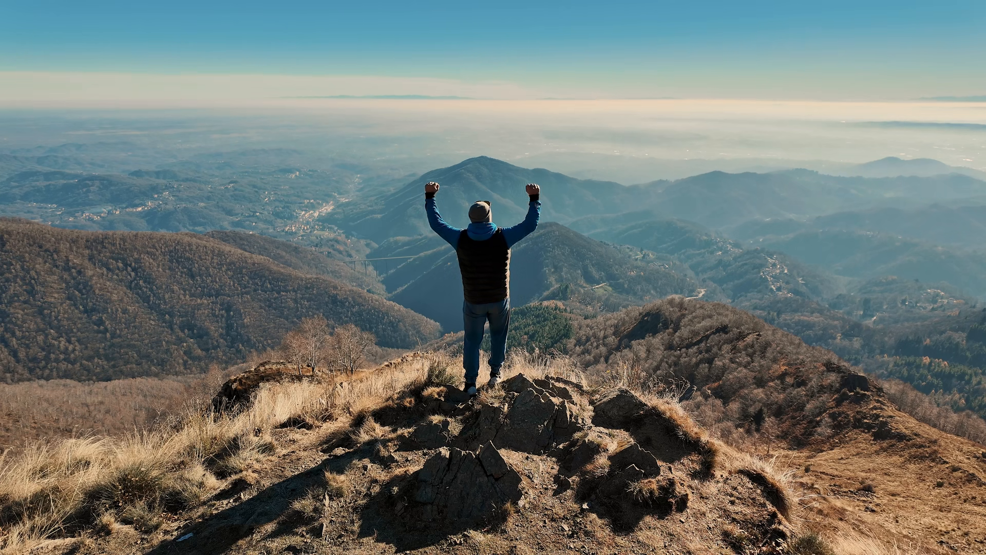 Mountaineer Standing On Rocky Summit With Stock Footage SBV-353572603 ...