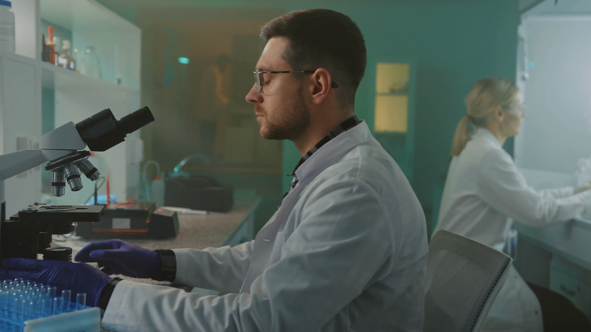 In Laboratory Group Scientists With Glasses Stock Footage SBV-352234487 - Storyblocks